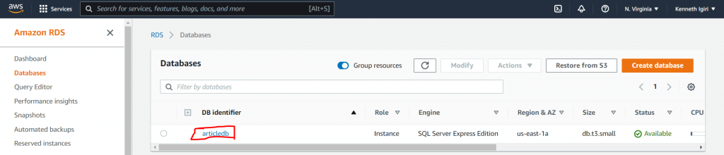 Amazon RDS - Configuring a Connection to a SQL Server Instance
